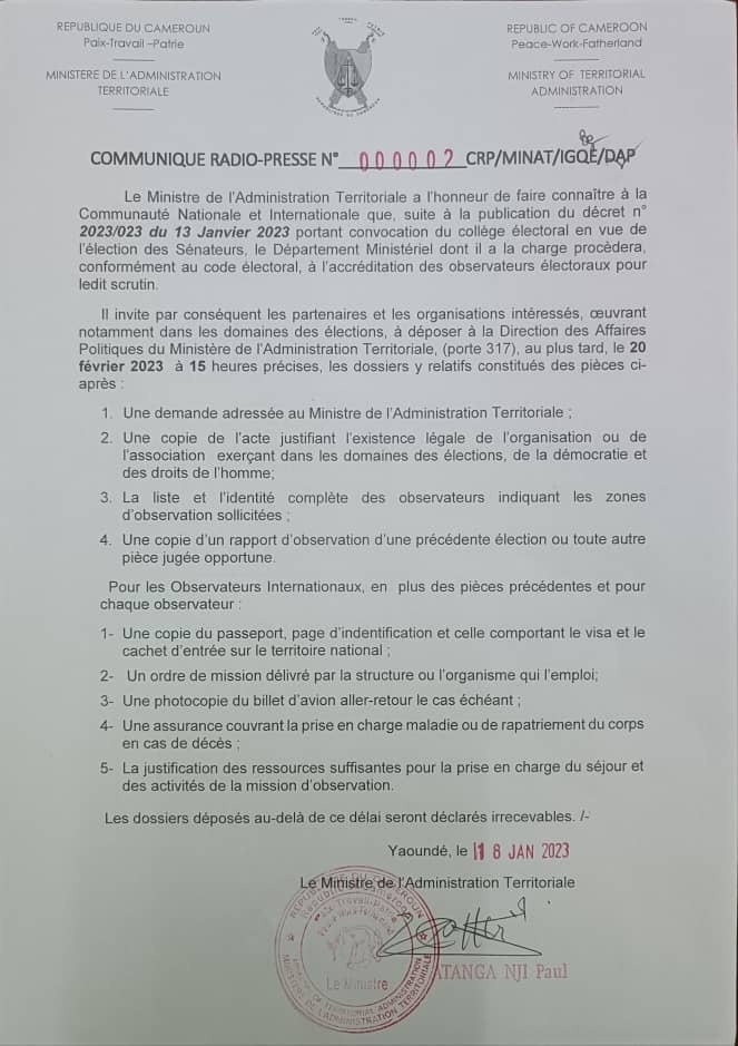 Cameroun-sénatoriales 2023 : ouverture de l’accréditation des ...